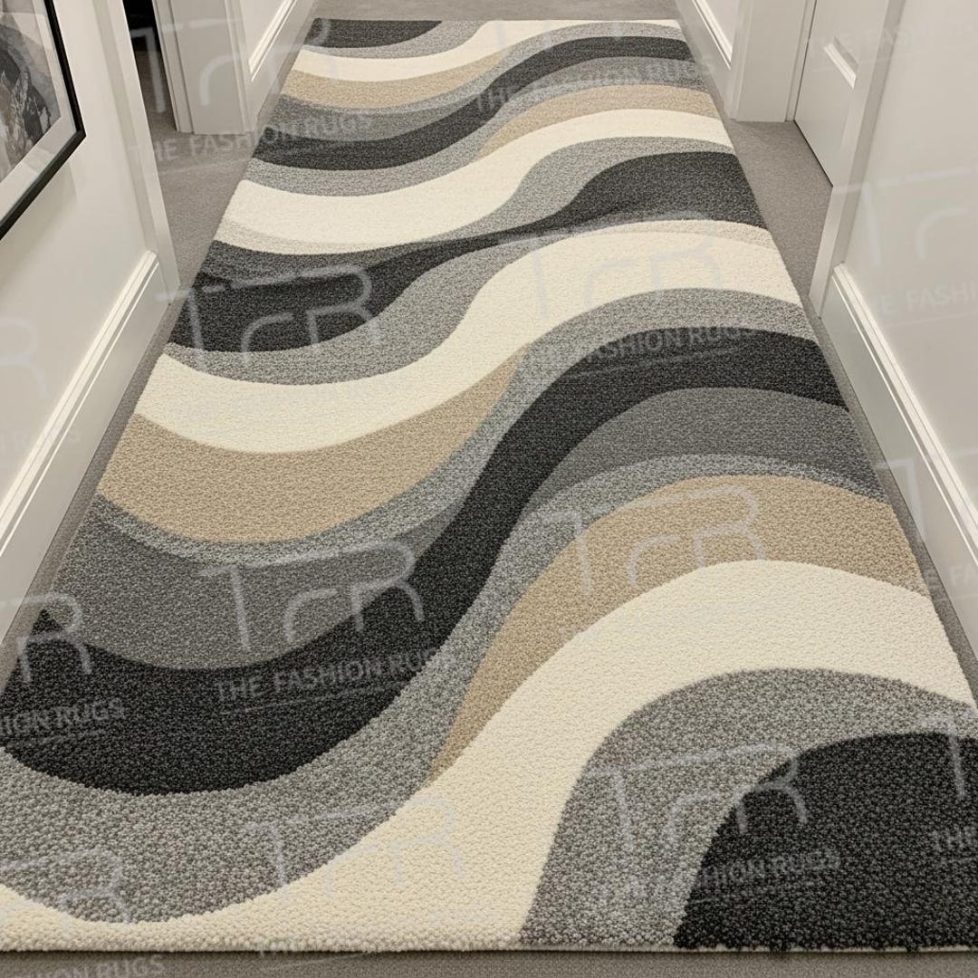 Modern Wave Pattern Hallway Runner Rug – Neutral Gray, Beige & Cream ...