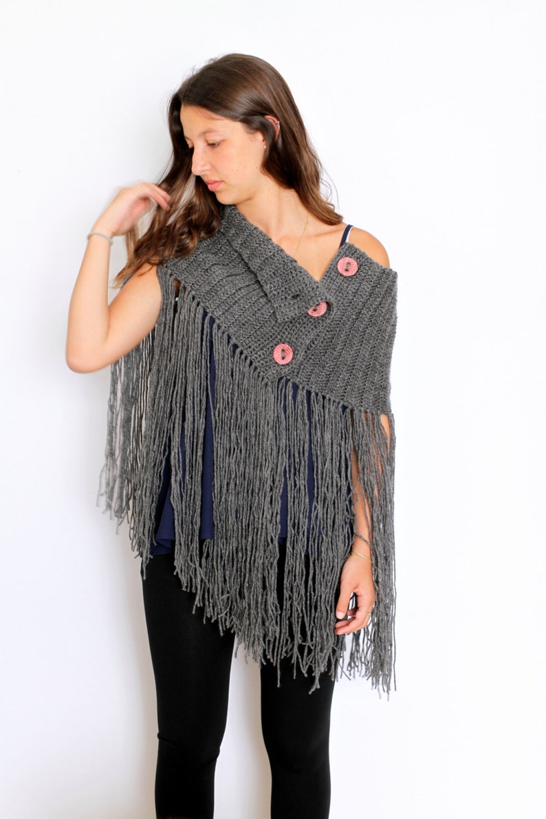 Gray Neck Warmer Crocheted Neck Warmers Longue Fringes Cable Scarf