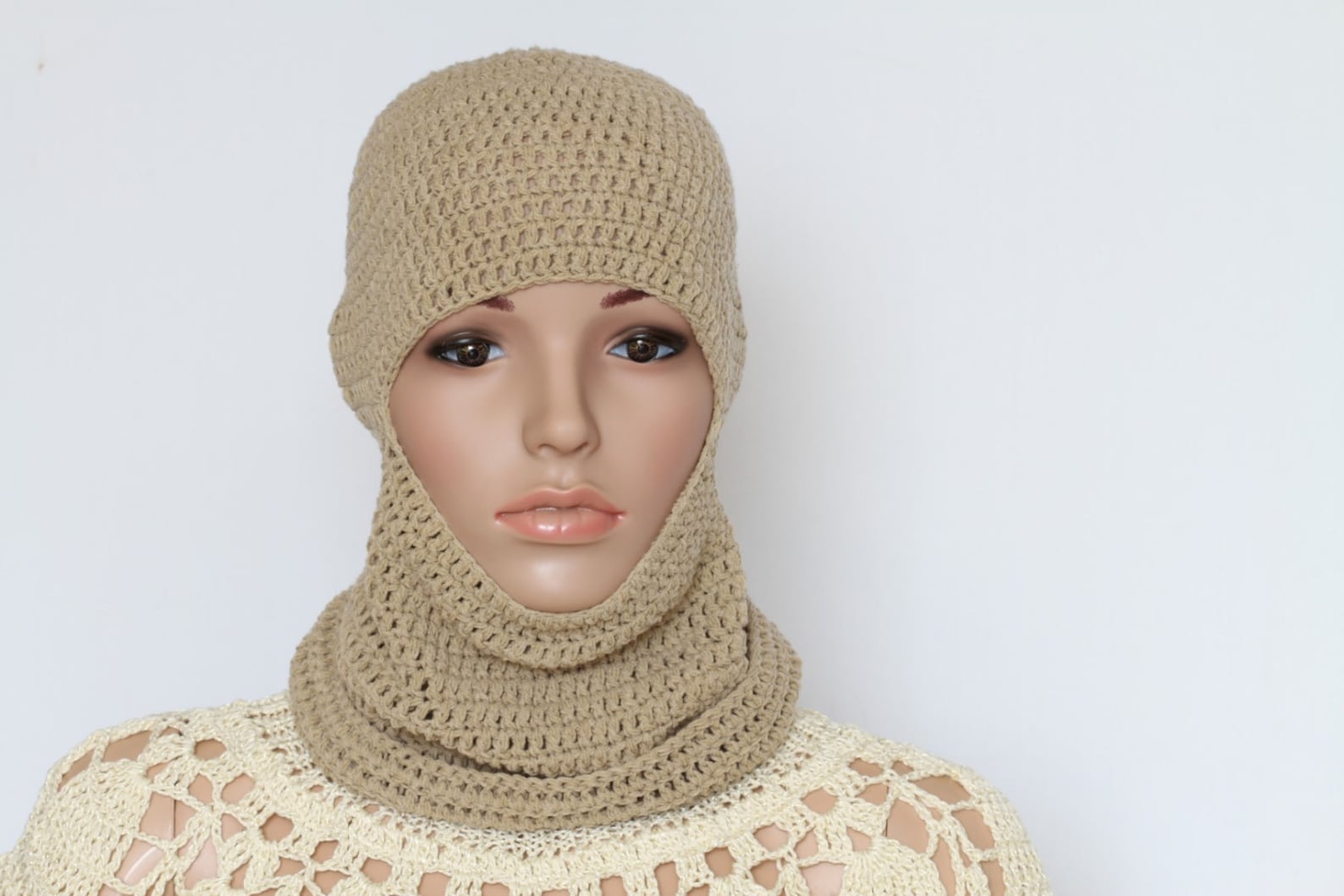 Crocheted Ski Mask Beige Winter Balaclava Mask Crocheted Face Mask Hand ...