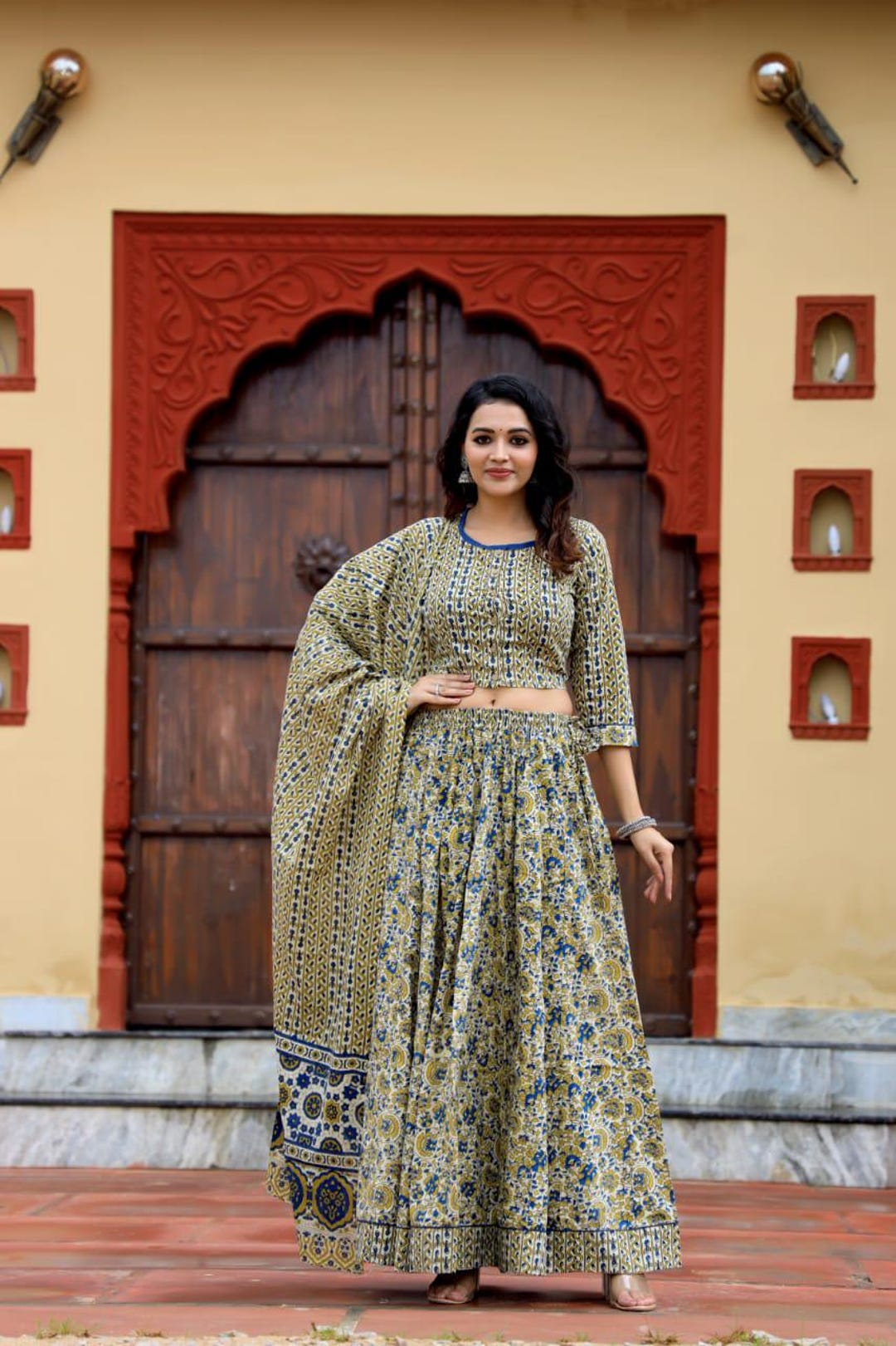 Indian Hand Block Print Lehenga Choli Set, Floral Cotton Skirt, Dupatta ...
