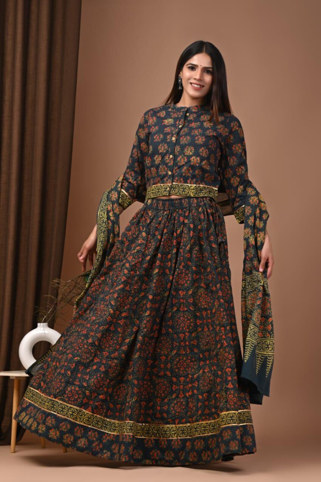 Indian Bagru Hand Block Print Lehenga Choli Set, Floral Cotton Skirt ...