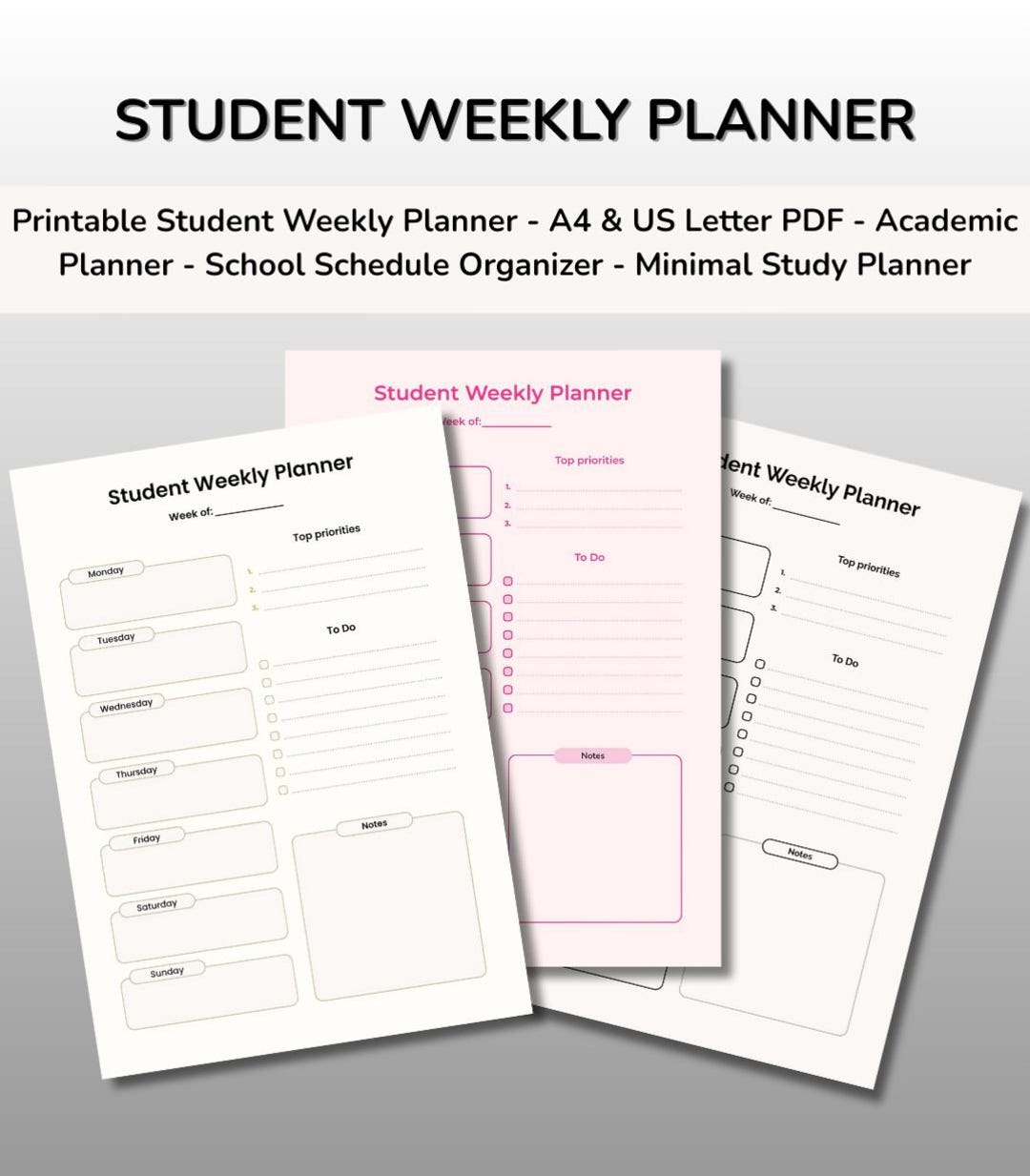 Printable Student Weekly Planner | A4 & US Letter PDF | Academic ...