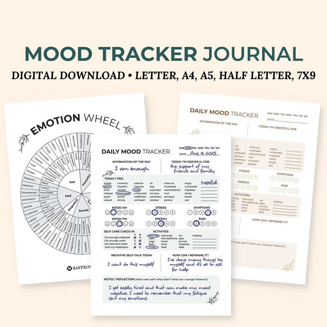 Daily Mood Tracker Printable, Self Care Journal, Wellness Journal ...