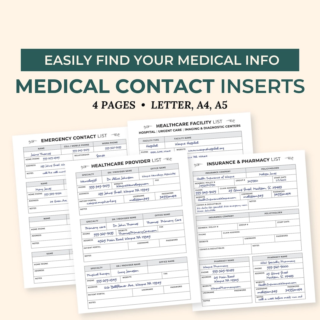 Medical Binder Contact Inserts, Emergency Contact List, Doctor List ...