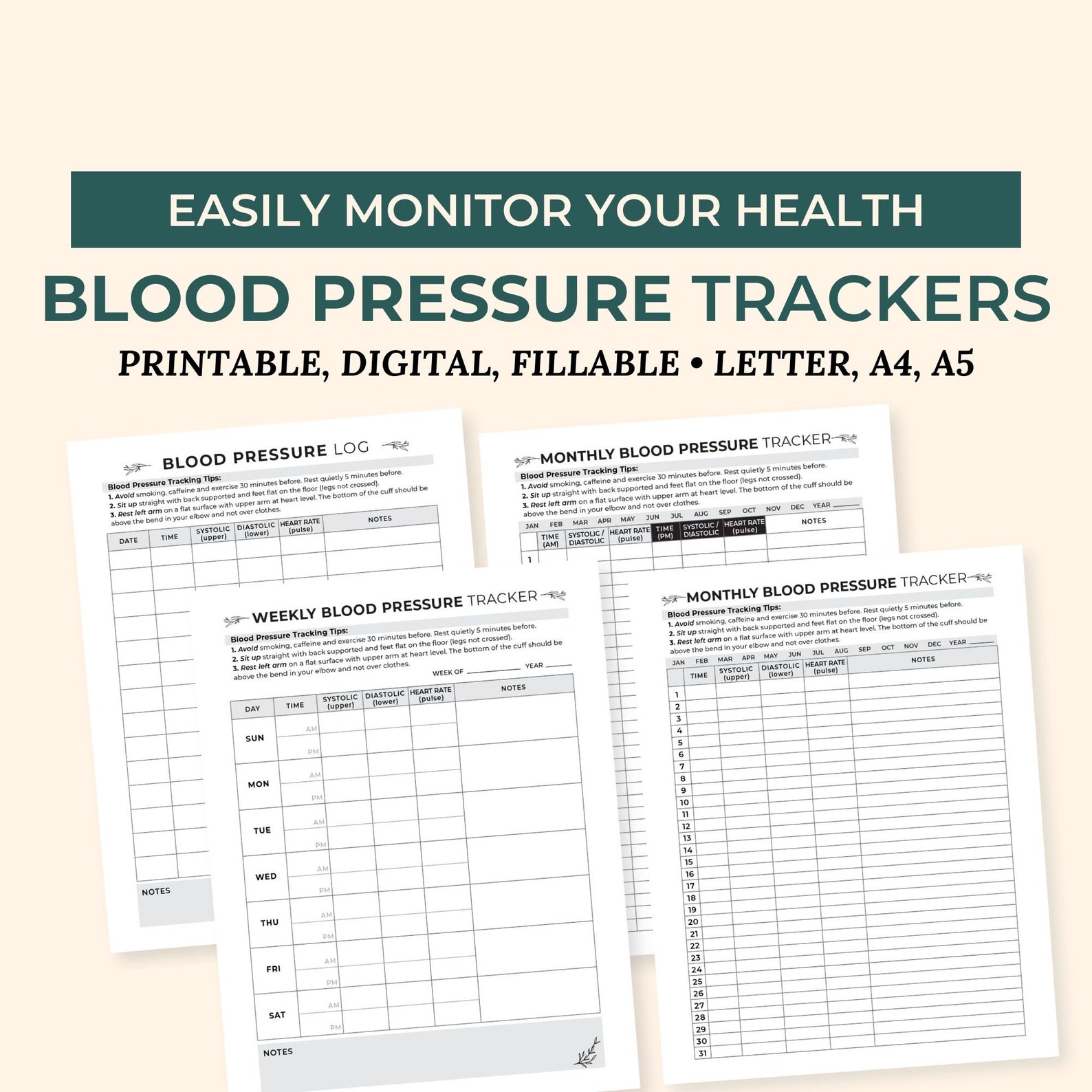 Blood Pressure Log, Blood Pressure Chart, BP Tracker, Digital ...