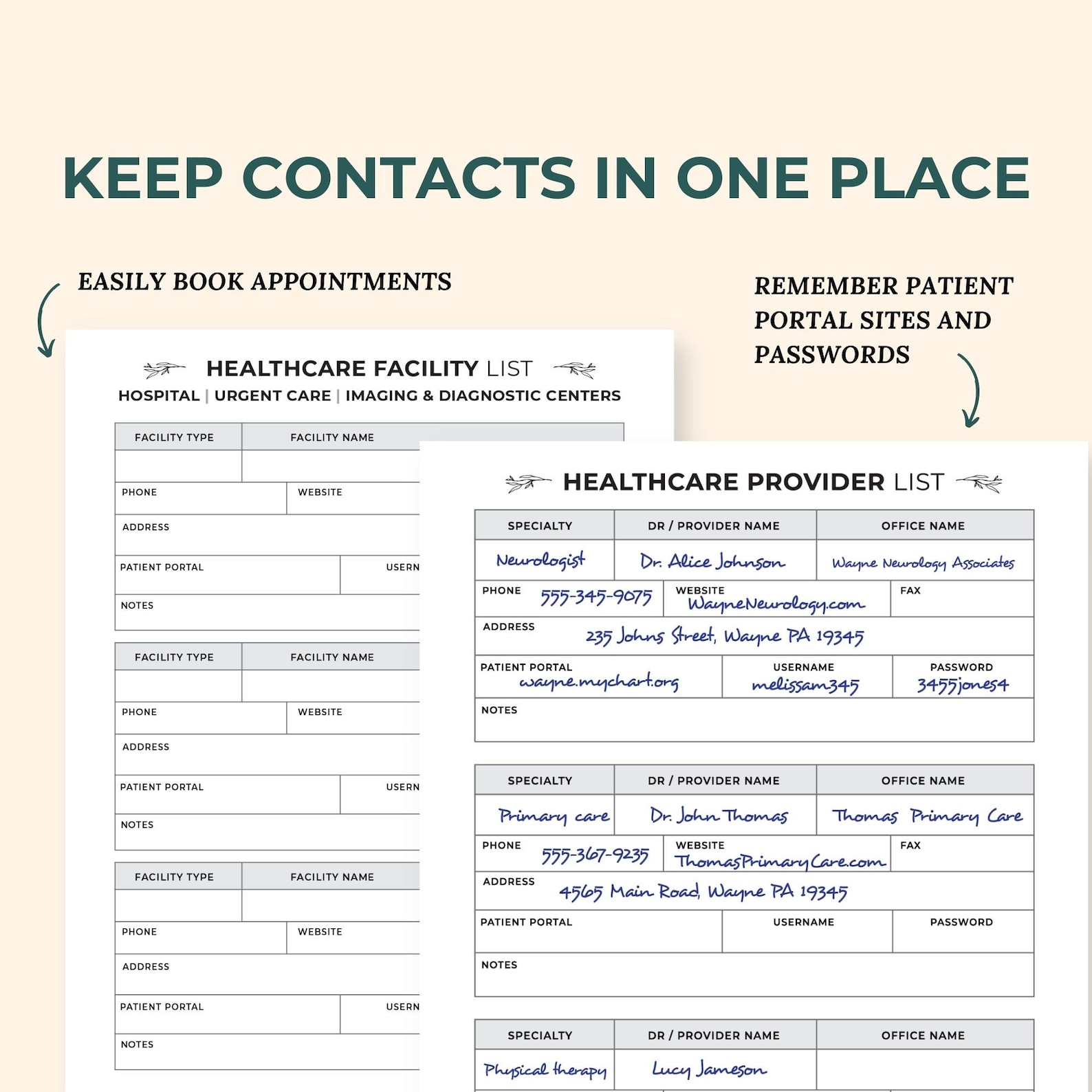 Medical Binder Contact Inserts, Emergency Contact List, Doctor List ...