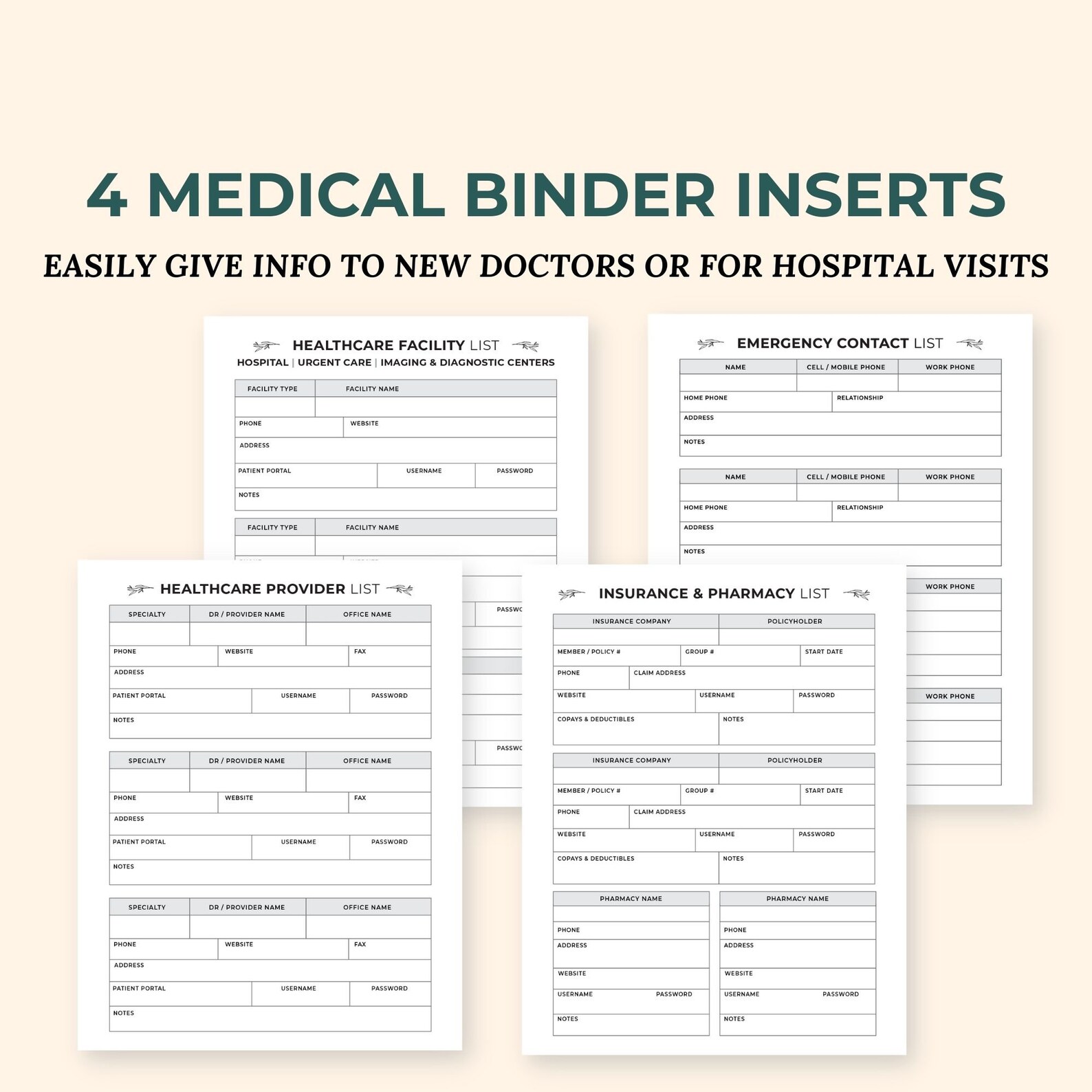 Medical Binder Contact Inserts, Emergency Contact List, Doctor List ...