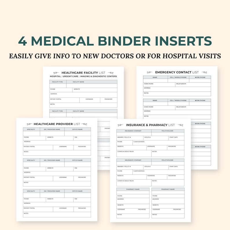 Medical Binder Contact Inserts, Emergency Contact List, Doctor List ...