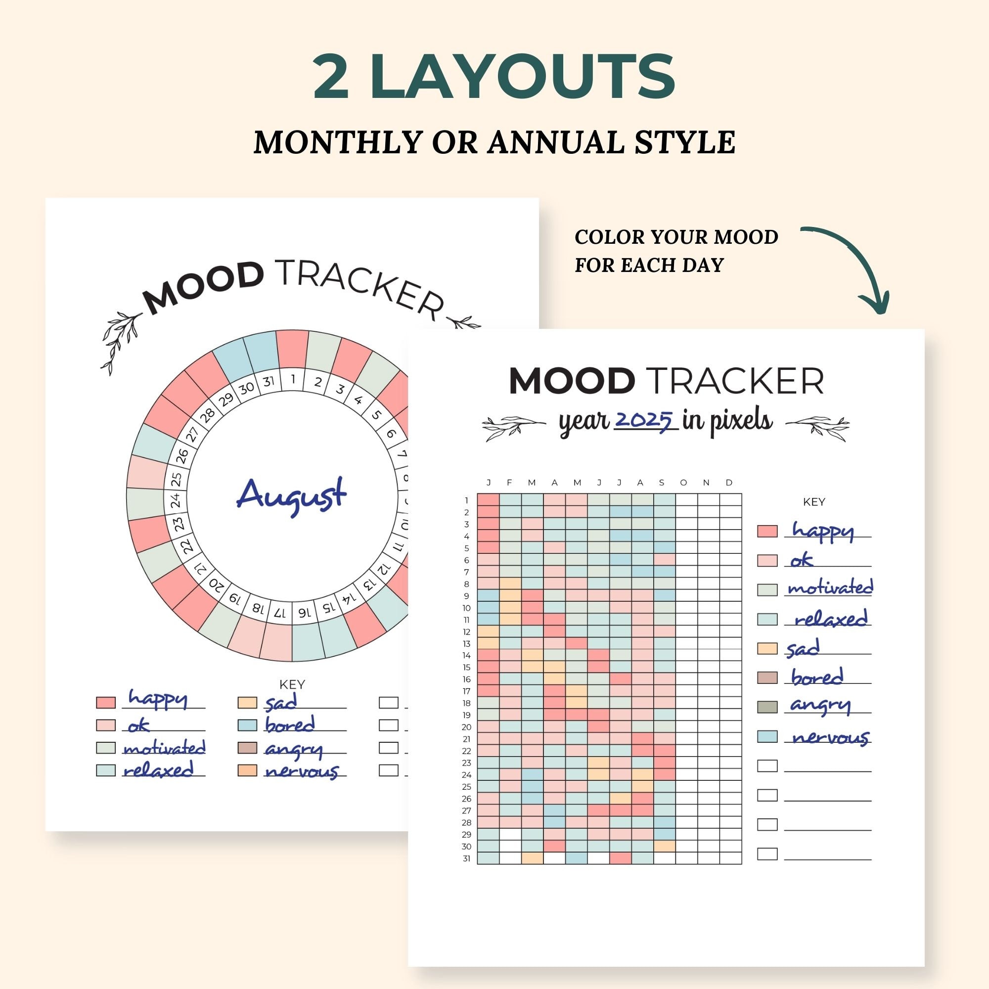Monthly Mood Tracker Printable, Coloring Yearly Self Care Planner ...