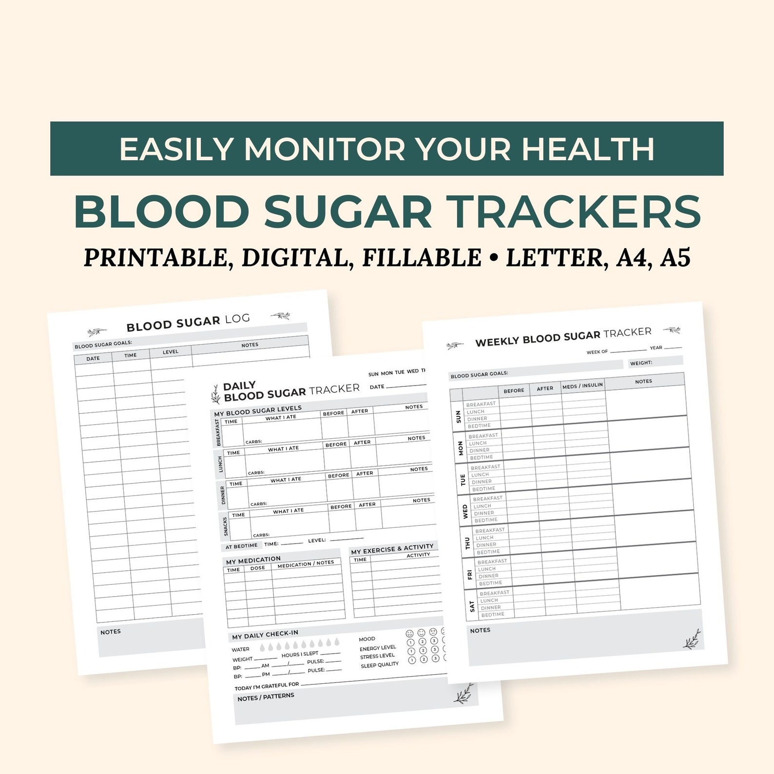 Blood Sugar Log, Diabetes Log Book Planner, Daily Weekly Glucose ...