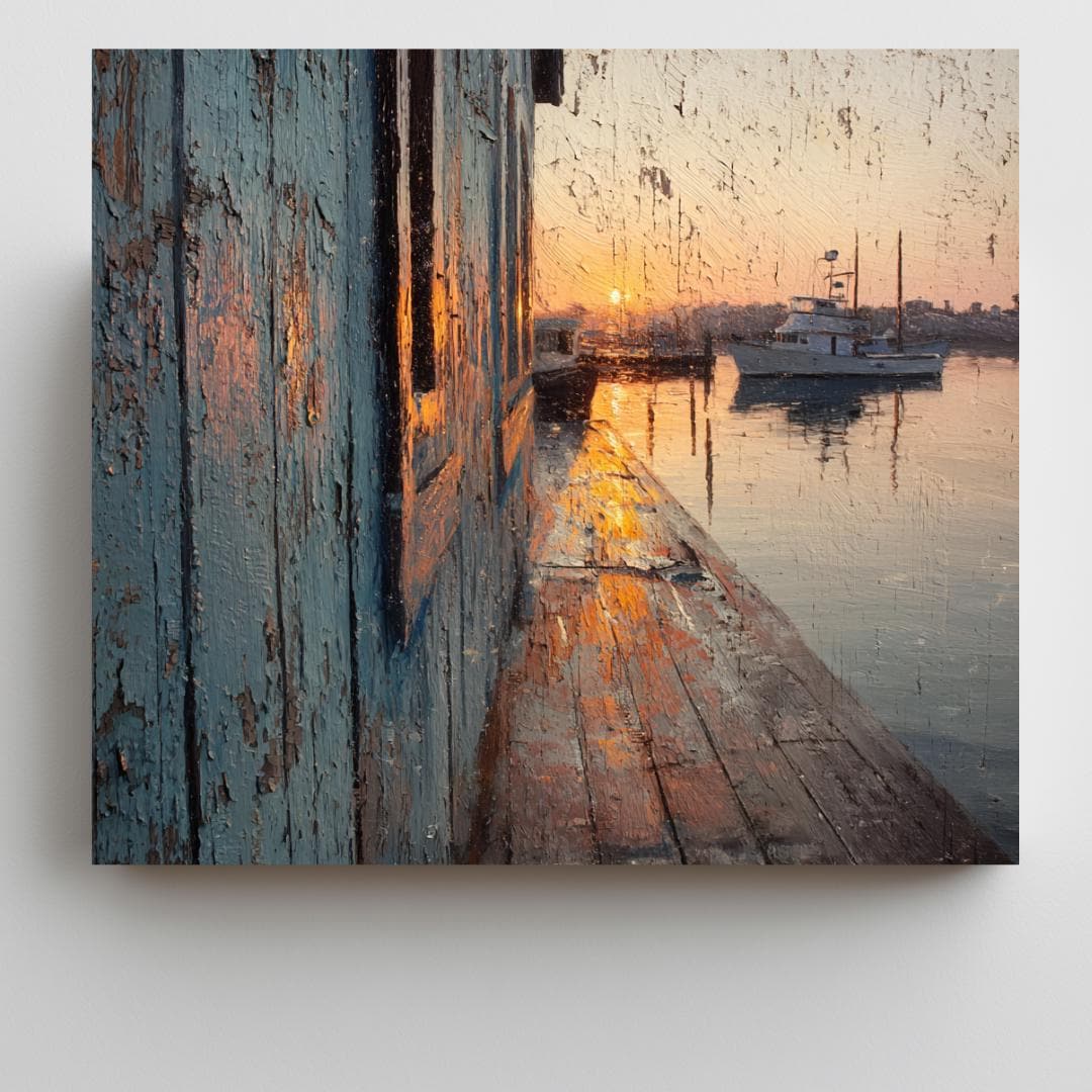 Rustic Harbor Sunset Wall Art, Coastal Boat Dock Canvas, Weathered Look ...