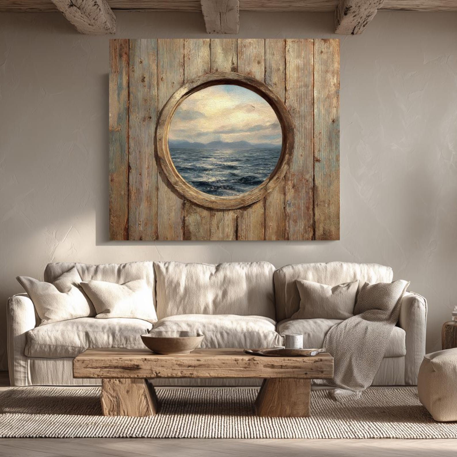 Rustic Porthole Ocean View Wall Art, Nautical Coastal Canvas, Weathered ...