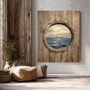 Rustic Porthole Ocean View Wall Art, Nautical Coastal Canvas, Weathered ...