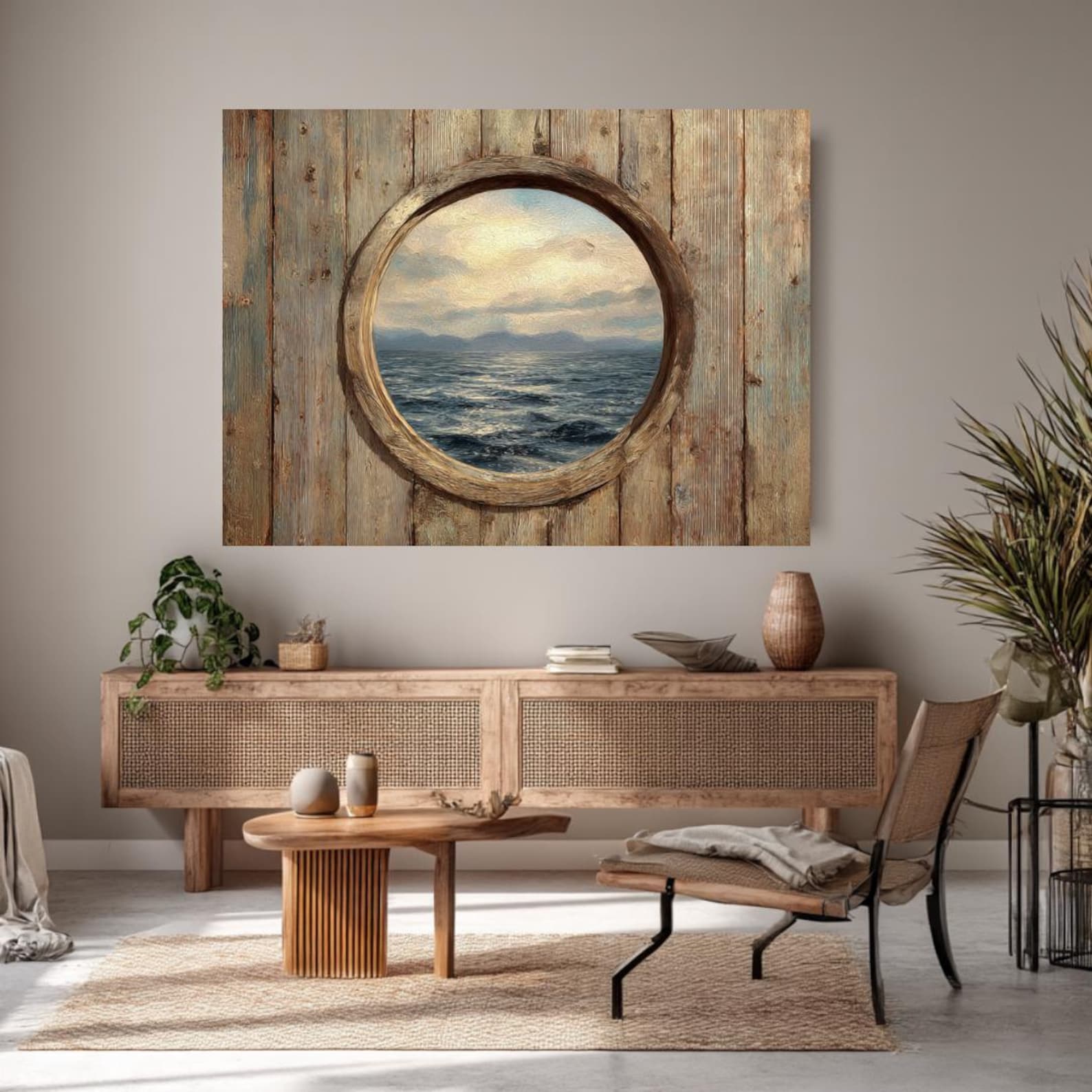 Rustic Porthole Ocean View Wall Art, Nautical Coastal Canvas, Weathered ...
