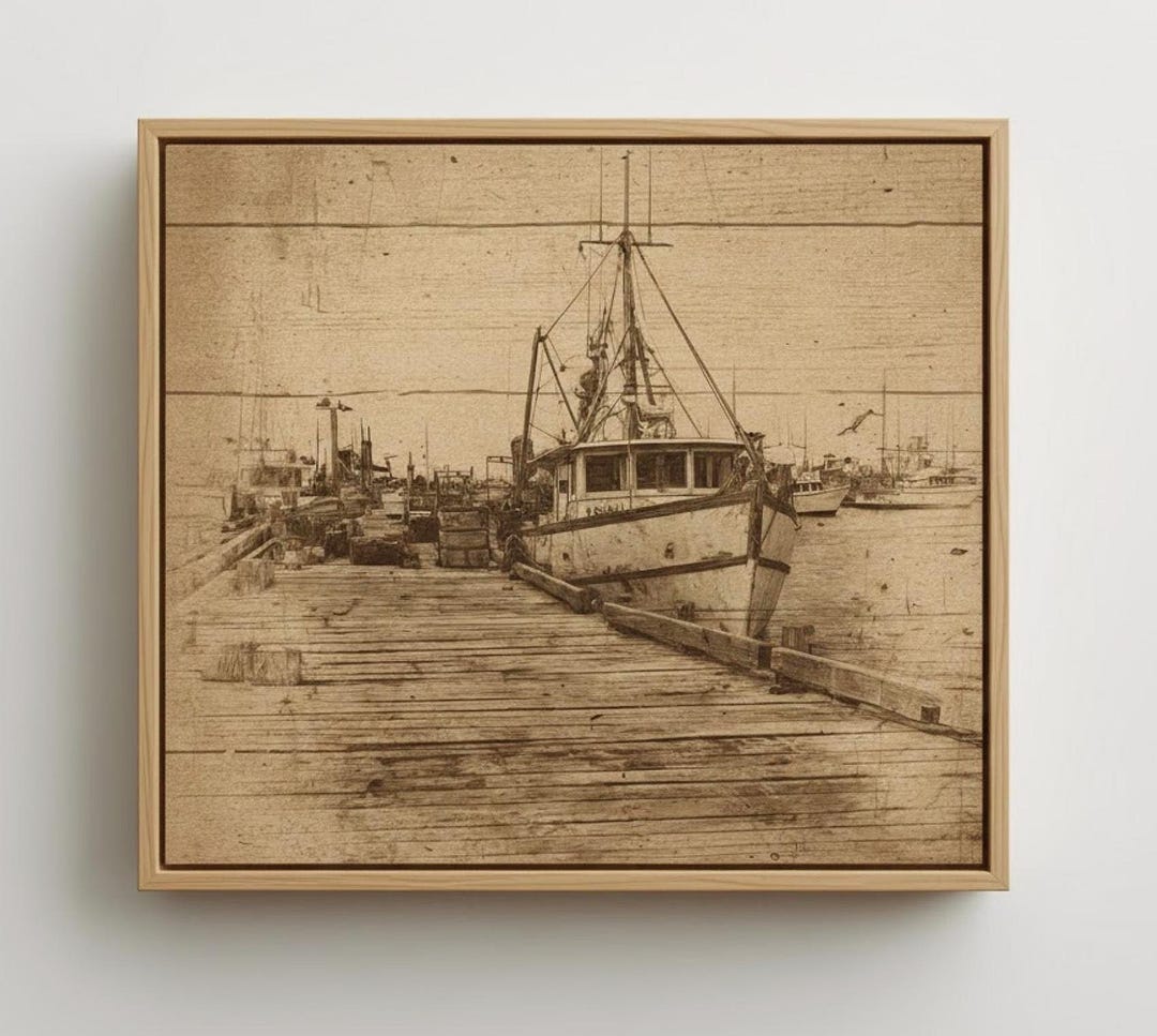 Vintage Fishing Boat Dock Wall Art, Sepia Nautical Canvas Print, Rustic ...