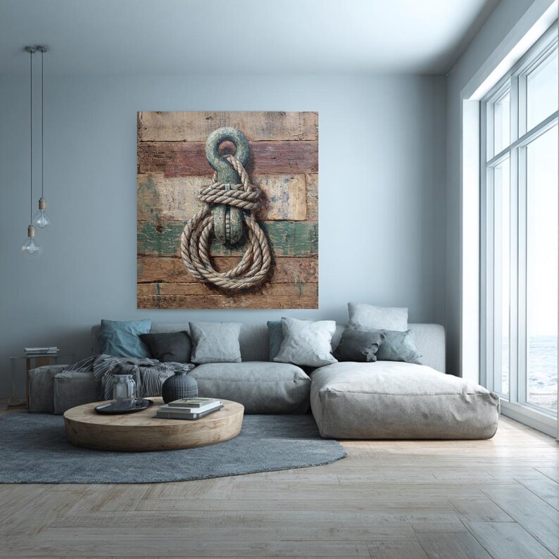 Rustic Nautical Rope Wall Art, Boat Cleat on Weathered Wood Look Canvas ...