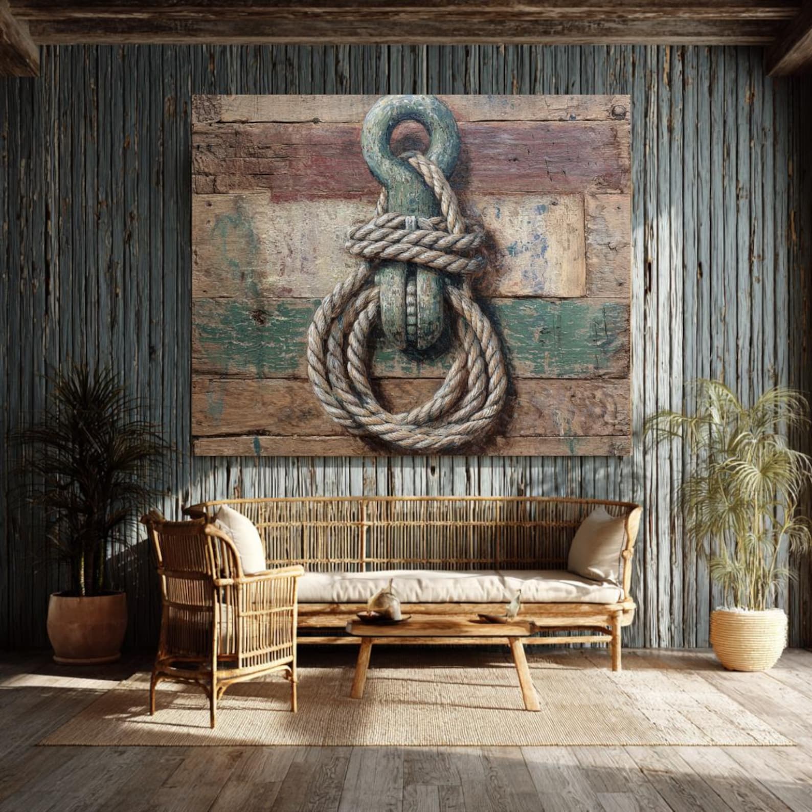 Rustic Nautical Rope Wall Art, Boat Cleat on Weathered Wood Look Canvas ...