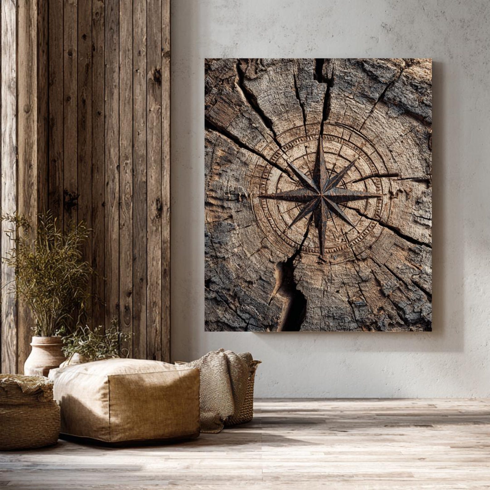Rustic Compass Rose Wall Art, Nautical Wood Grain Look Canvas, Vintage ...