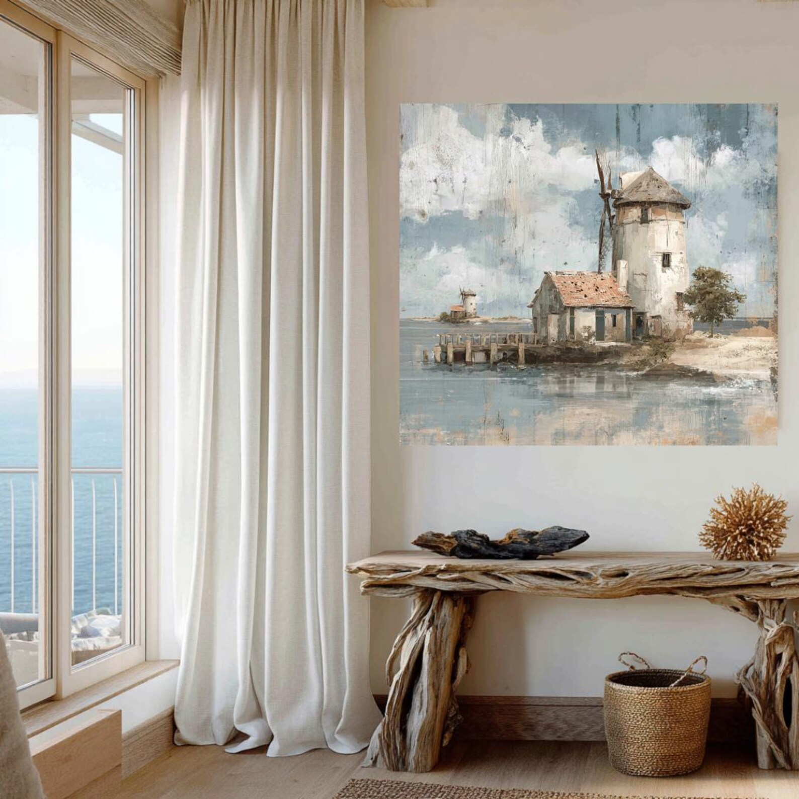 Rustic Windmill by the Sea Canvas Art, Coastal Vintage Harbor Scene ...
