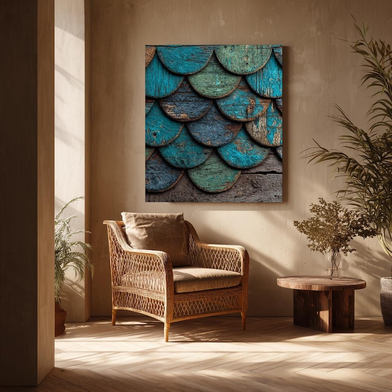 Rustic Fish Scale Wall Art, Textured Coastal Wood Look Panel, Turquoise ...