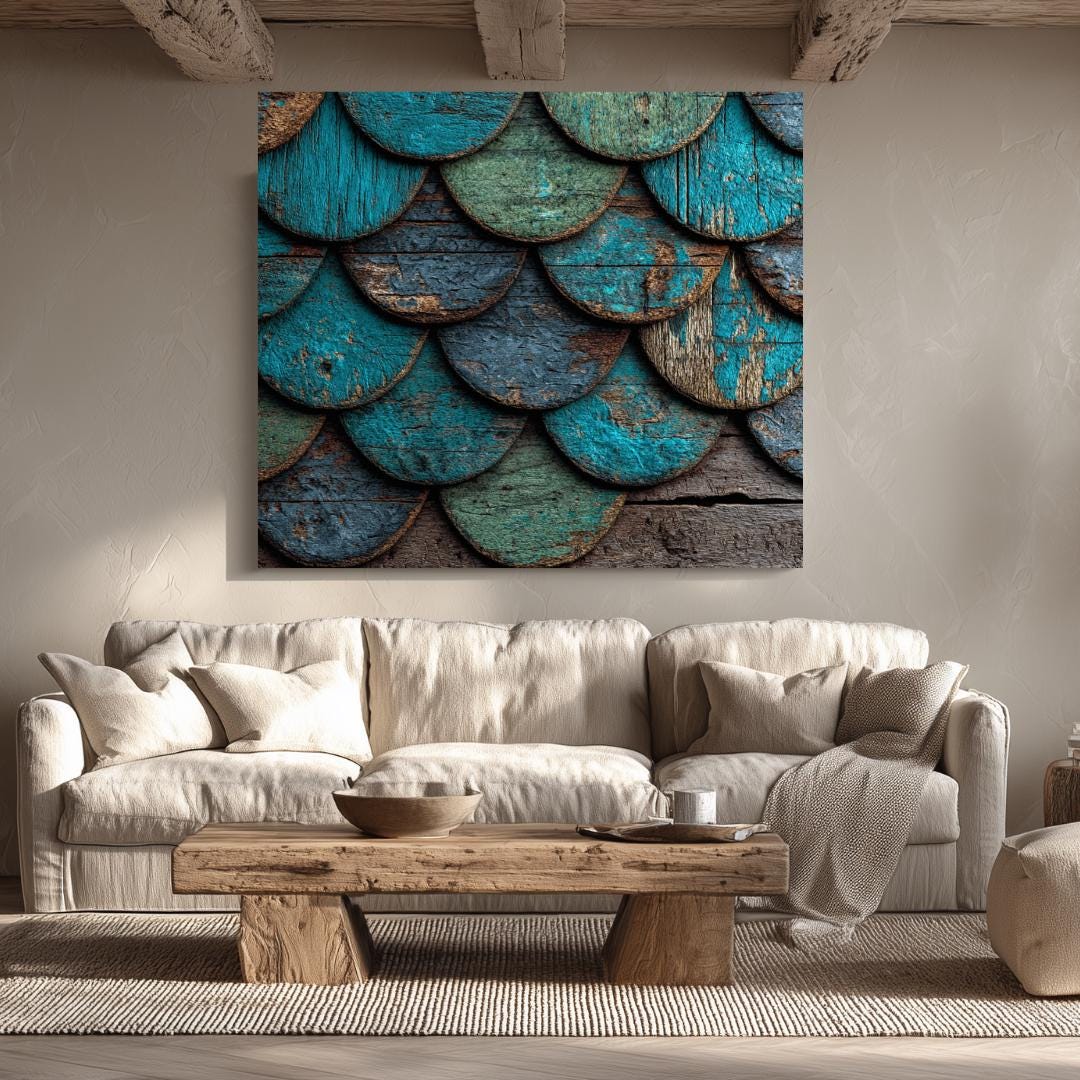 Rustic Fish Scale Wall Art, Textured Coastal Wood Look Panel, Turquoise ...