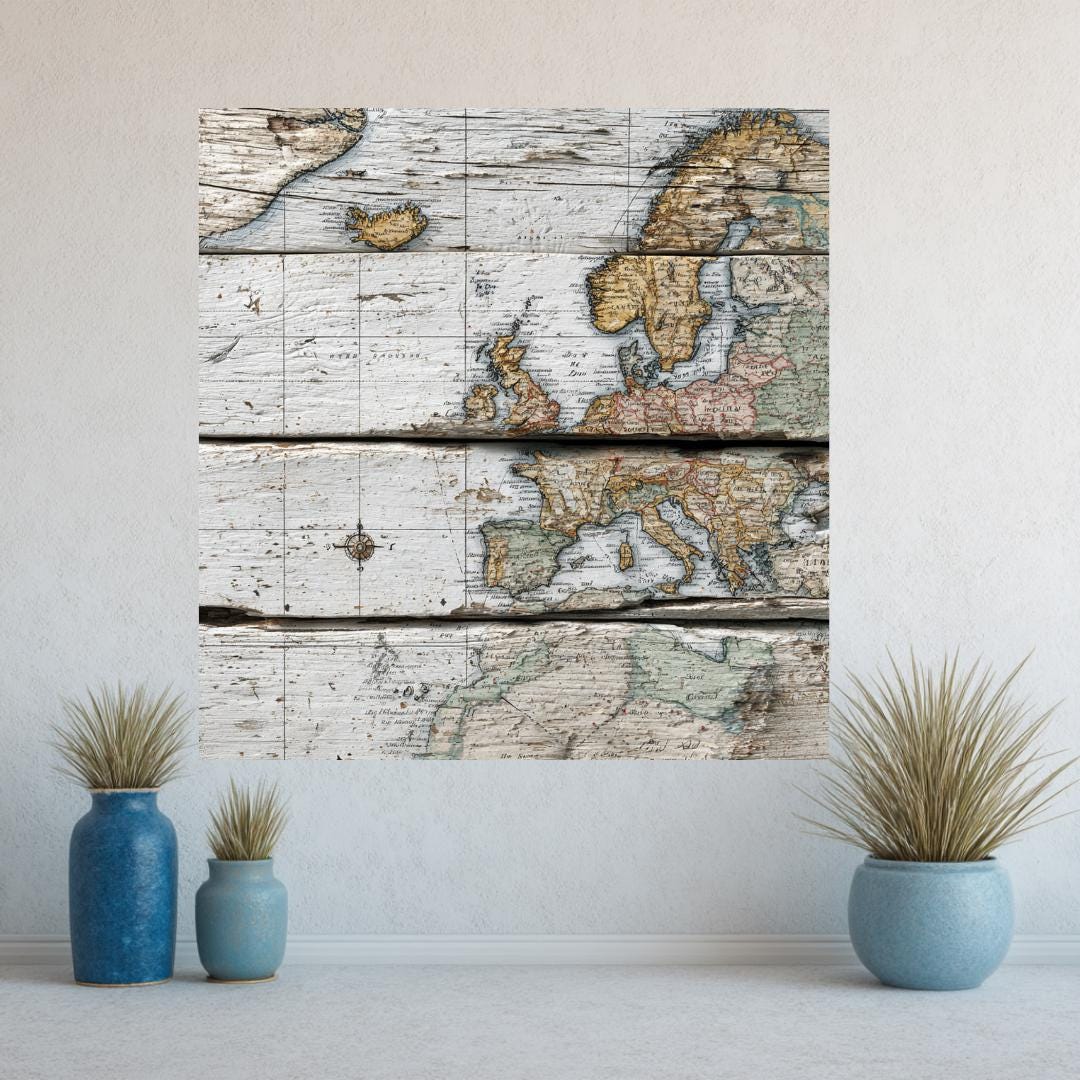 Vintage Europe Map Wall Art, Rustic World Atlas Canvas, Antique ...