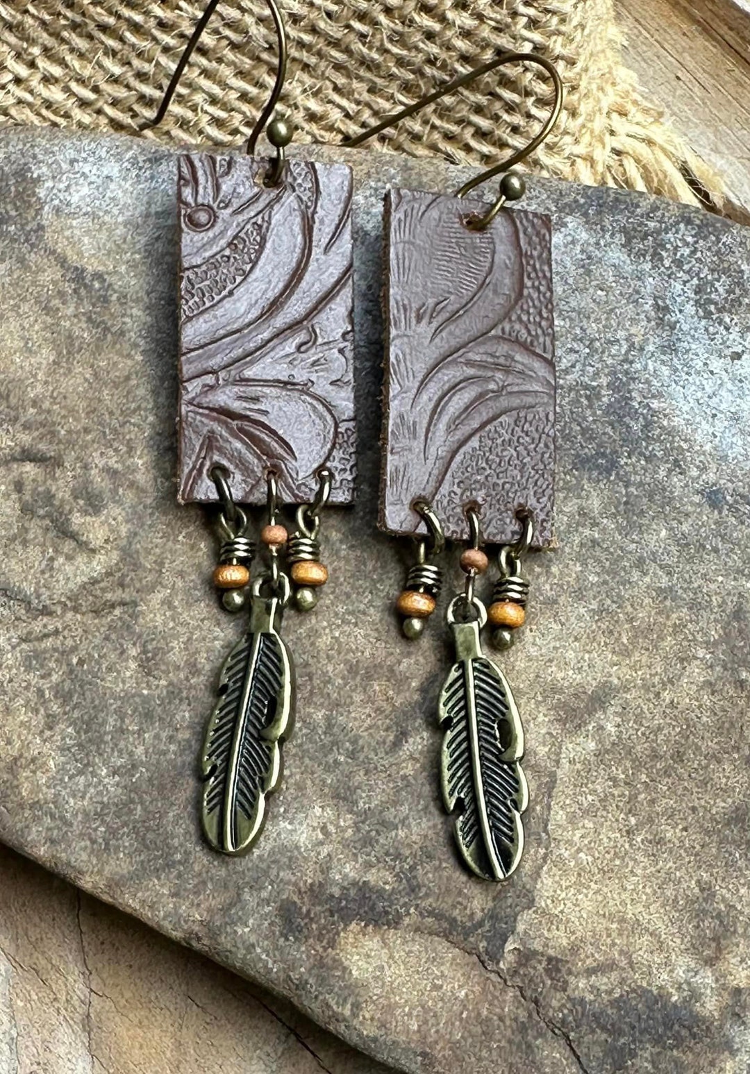 Brown Tooled Leather and Vintage Bronze Feather Charm - Etsy