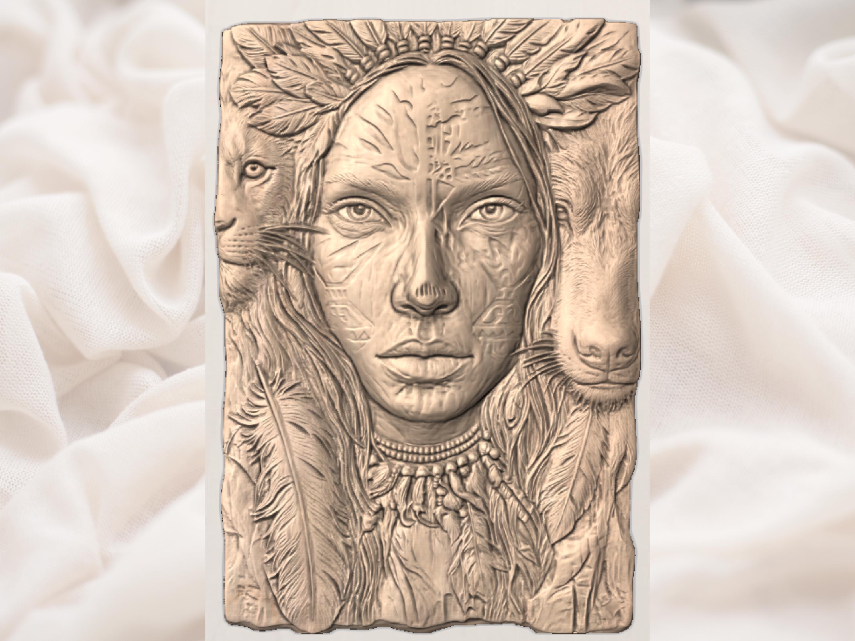 Tribal Woman & Wolf Lion 3D Relief STL | Warrior Goddess Face Boho Wall ...