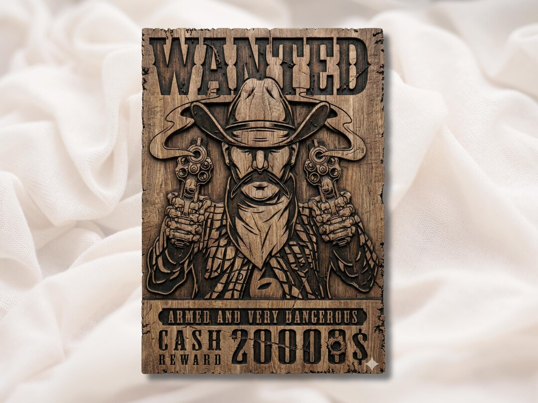 Wanted Poster Outlaw 3D Relief STL | Wild West Gunslinger Sign Wall Art ...