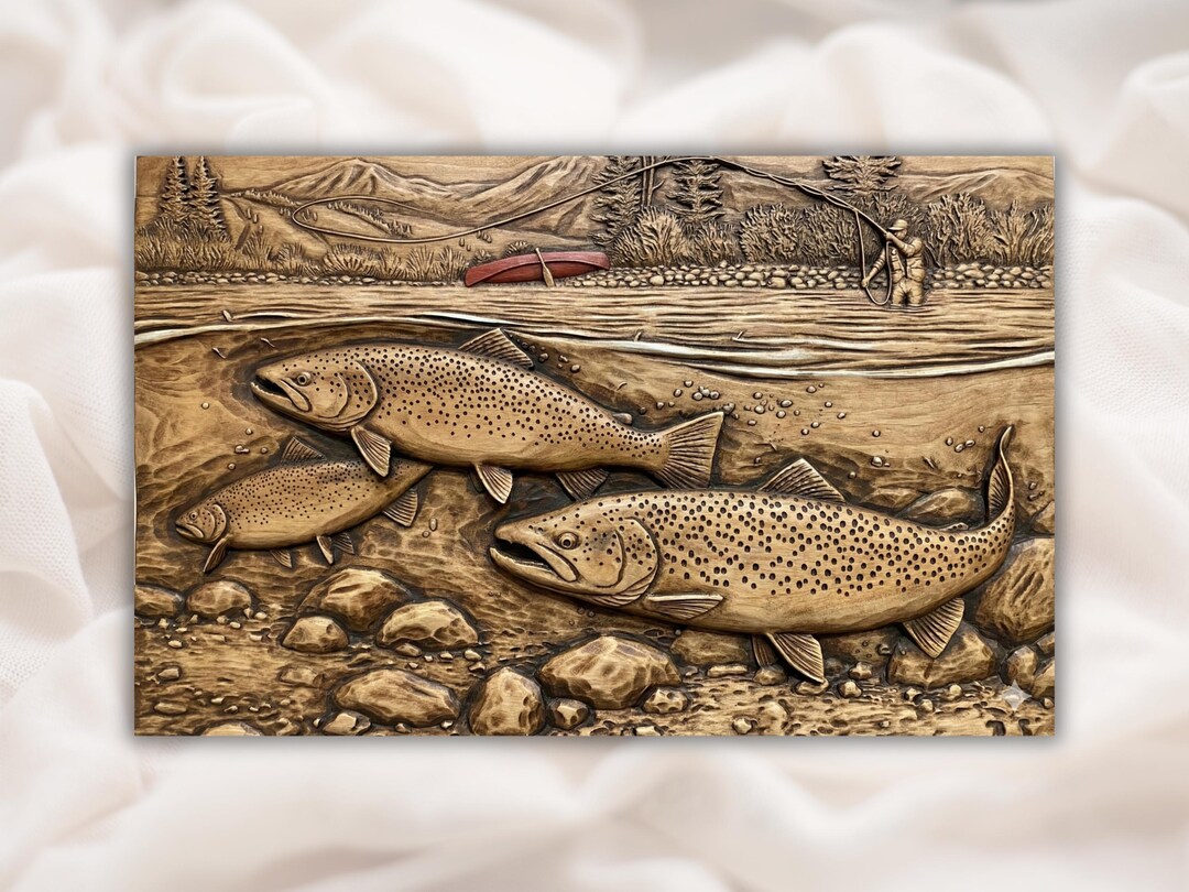 Trout Trio 3D Relief STL | Underwater River Cutaway Fly Fishing Scene ...