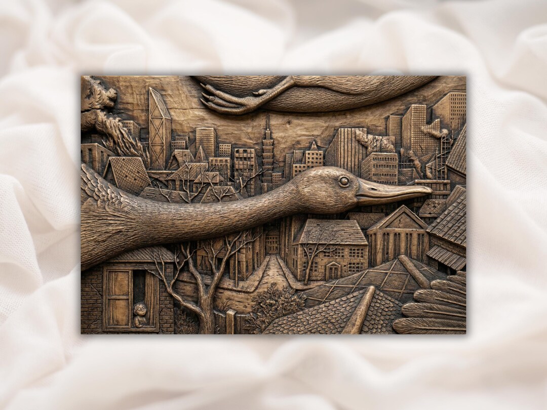 Giant Duck Flyby City Skyline STL Relief | Surreal Bird 3D Carving File ...