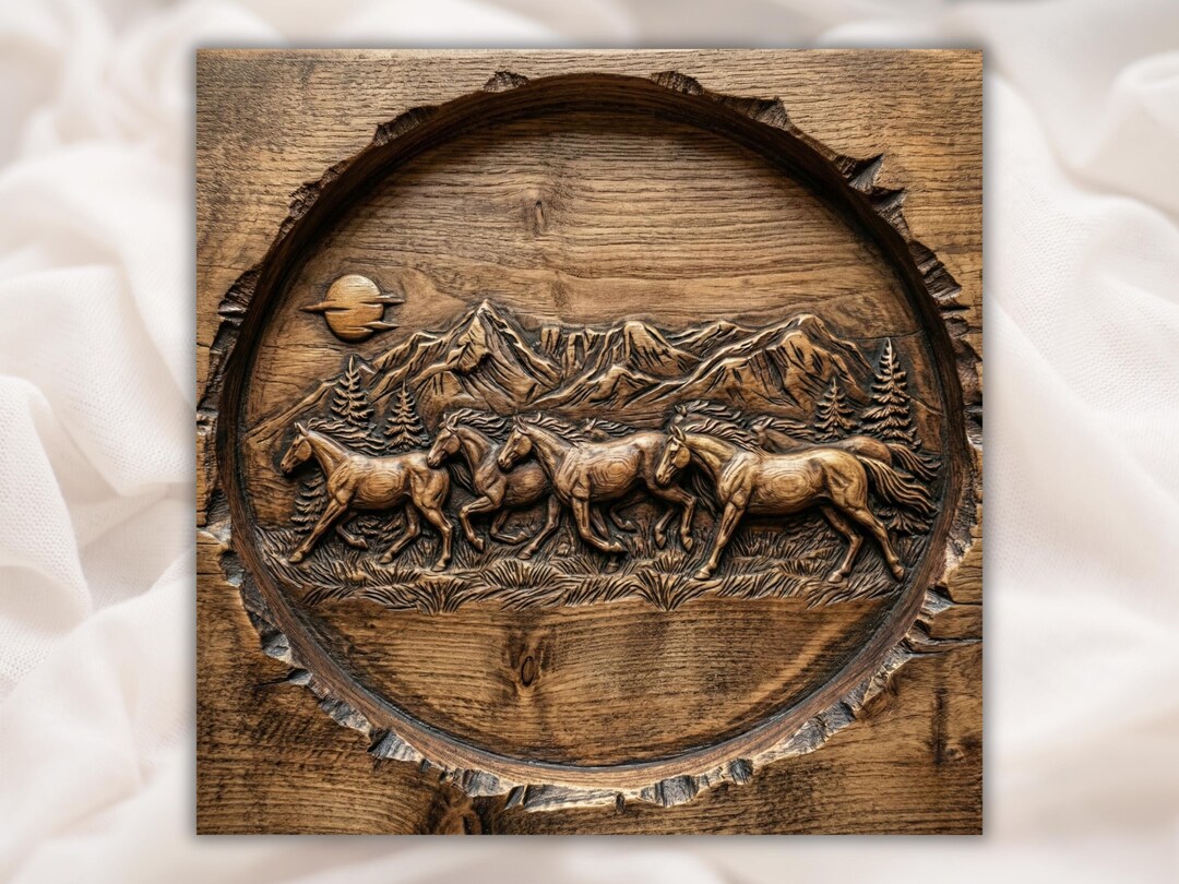 Wild Horses Running 3D Relief STL | Mountain Scene Round Wood Grain ...