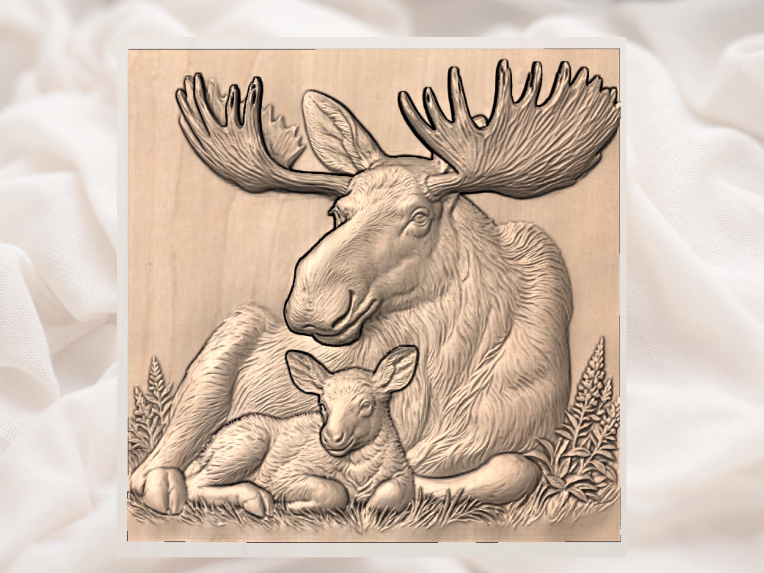 Moose & Calf 3D Relief STL | Wildlife Mother Baby Moose Wood Grain ...