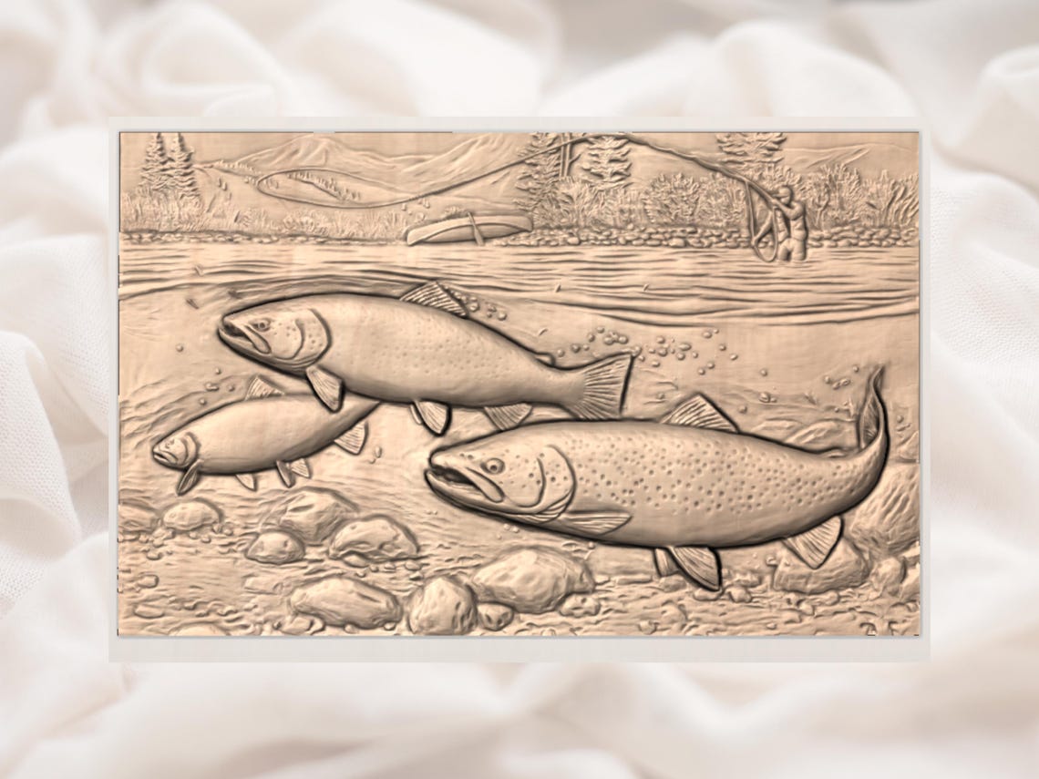 Trout Trio 3D Relief STL | Underwater River Cutaway Fly Fishing Scene ...