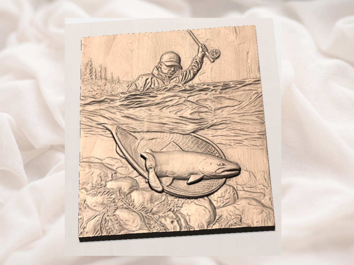 Fly Fishing 3D Relief STL | Trout in Net Cutaway River Scene Panel ...