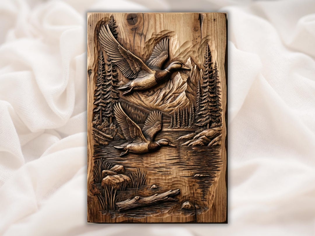 Flying Ducks Lake Scene 3D Relief STL | CNC Router Wood Carving File ...