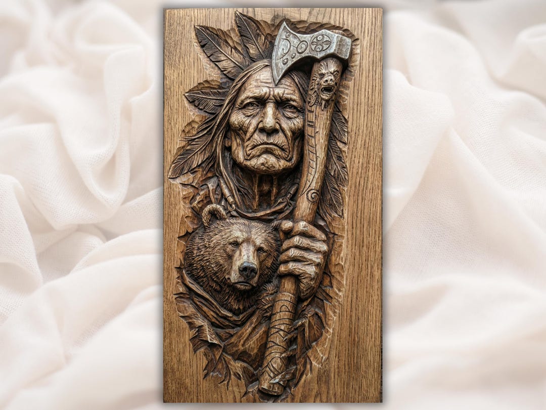 Native Warrior With Bear 3D Relief STL | Tribal CNC Router Wood Carving ...