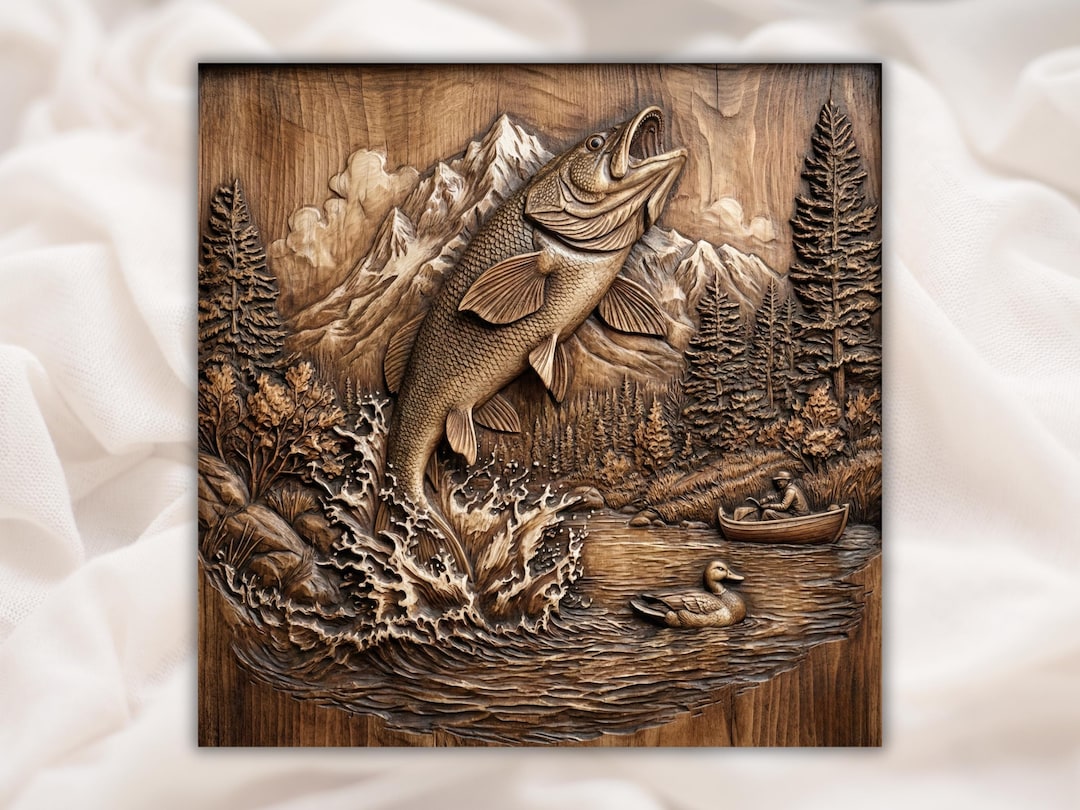 Jumping Trout 3D Relief STL | Mountain Lake Fishing Scene Panel With ...