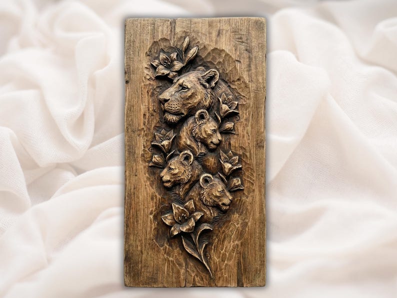 Lion Family 3D Relief STL File | Lioness and Cubs Wood Grain CNC ...