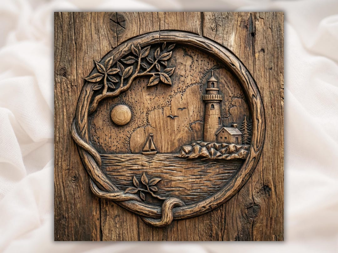 Lighthouse Coastal Scene 3D Relief STL File | Round Ocean Sailboat Wood ...