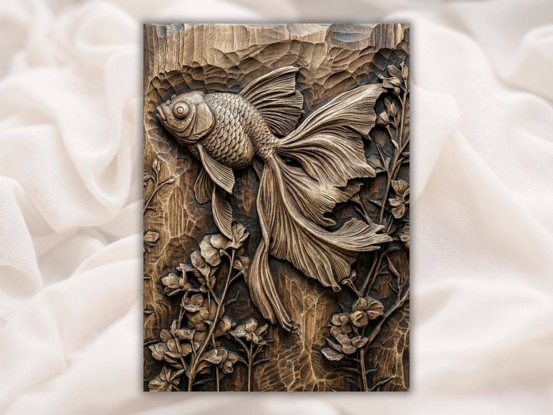 Goldfish 3D Relief STL File | Fish and Aquatic Plants Wood Grain CNC ...