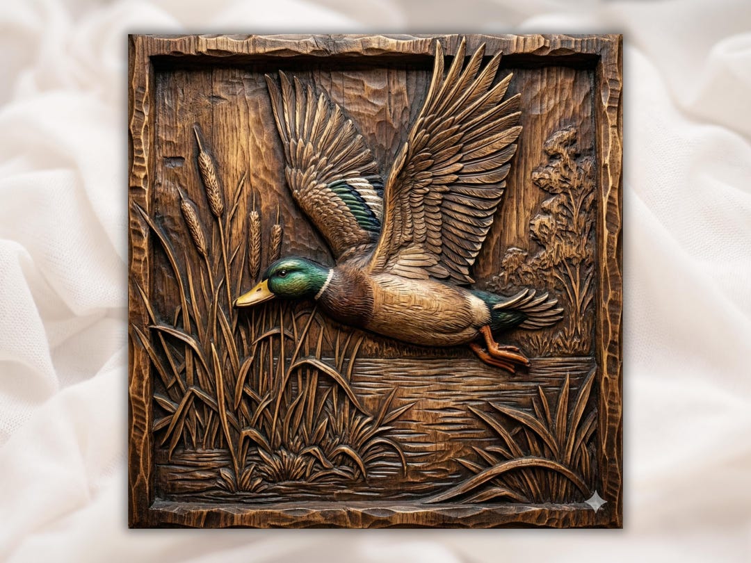 Flying Mallard Duck 3D Relief STL | Wood Grain Carving Panel | CNC ...
