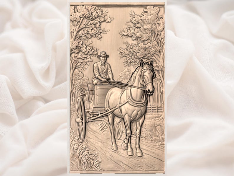 Cowboy Horse Carriage STL Relief | Rustic Wagon 3D Carving File for CNC ...