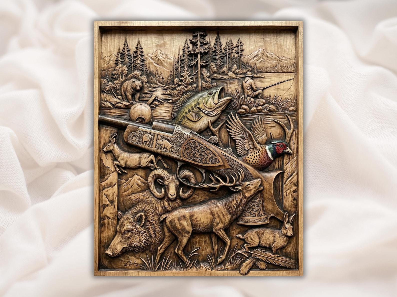 Hunting Trophy Collage 3D Relief STL | Deer Bear Fish Pheasant Ram Wood ...