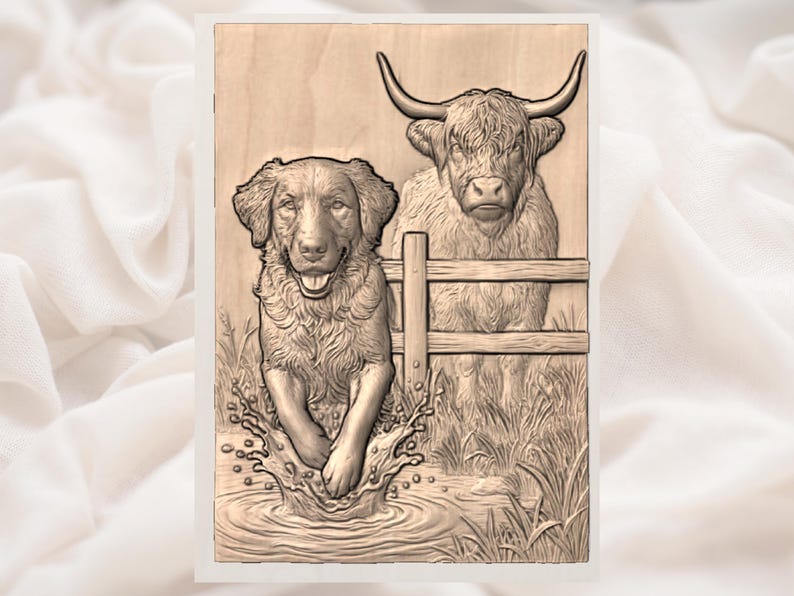 Farm Dog & Highland Cow 3D Relief STL | Cute Country Barnyard Wall Art ...