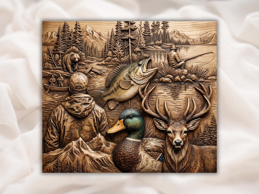 Outdoor Hunting Collage 3D Relief STL | Deer Duck Fish Bear Angler ...