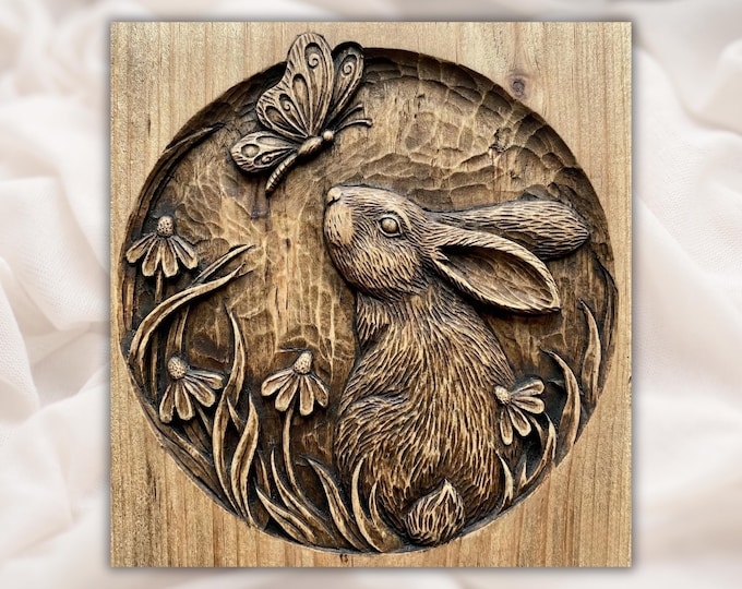 Bunny Rabbit 3D Relief STL File | Butterfly Flower Round Wood Grain CNC ...