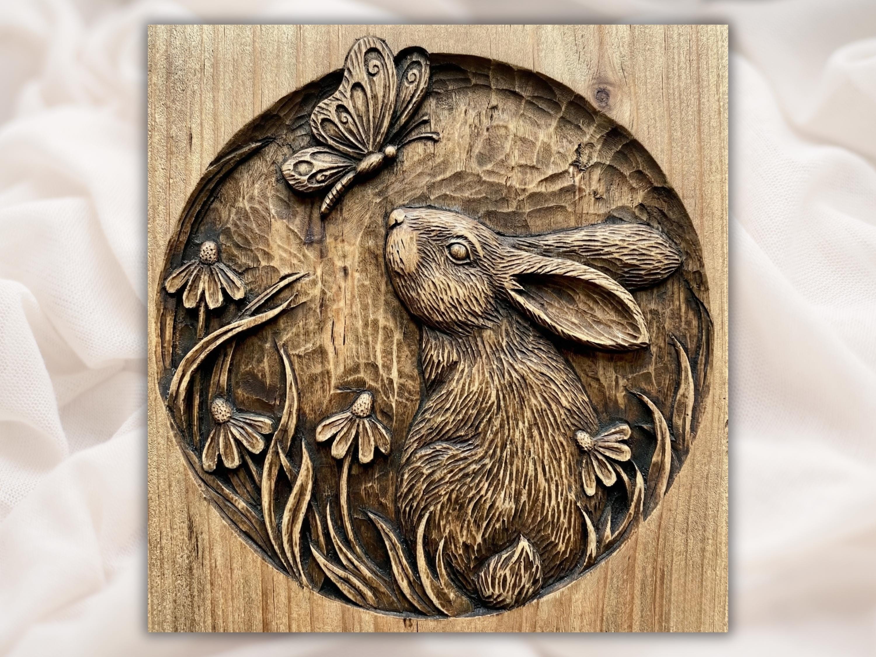 Bunny Rabbit 3D Relief STL File | Butterfly Flower Round Wood Grain CNC ...