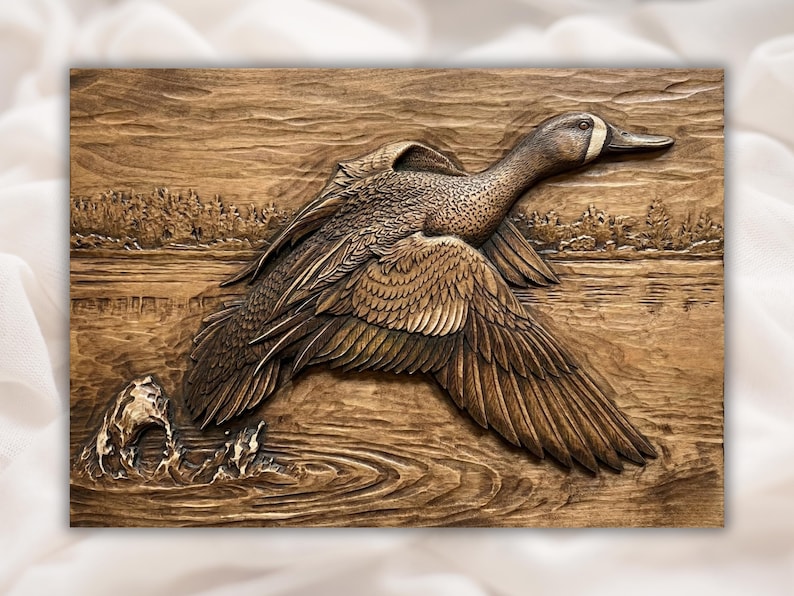 Flying Duck 3D Relief STL File | Duck Over Water Wood Grain CNC Carving ...