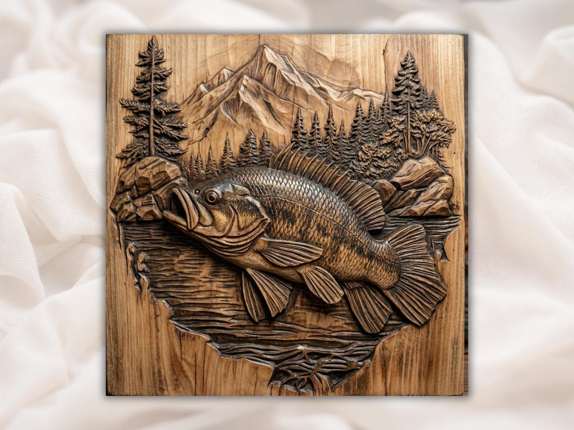 Bass Fish 3D Relief STL | Mountain Lake Scene Panel | CNC Router ...
